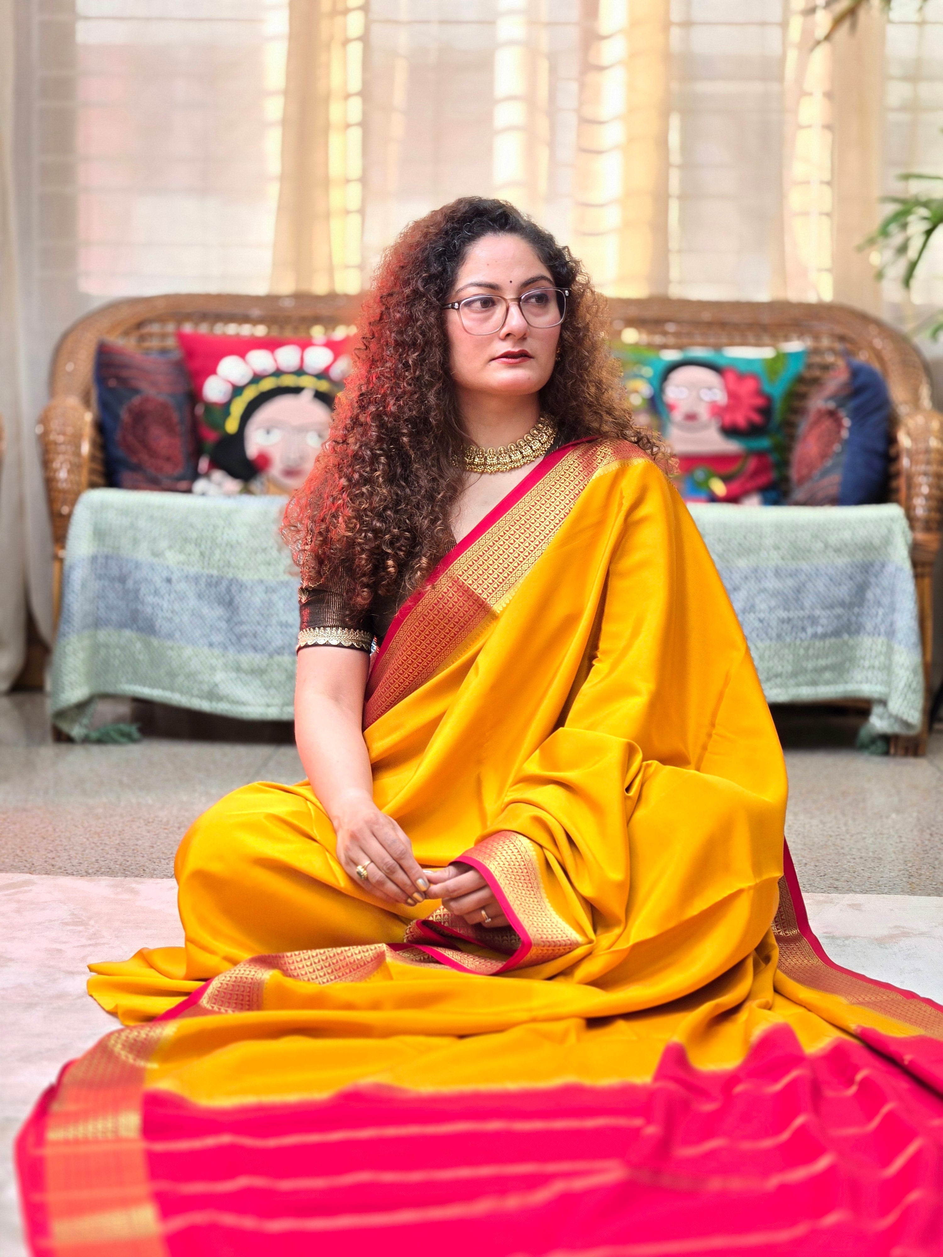 Mango Yellow Mysore Crepe Silk Saree – Tayet Sarees