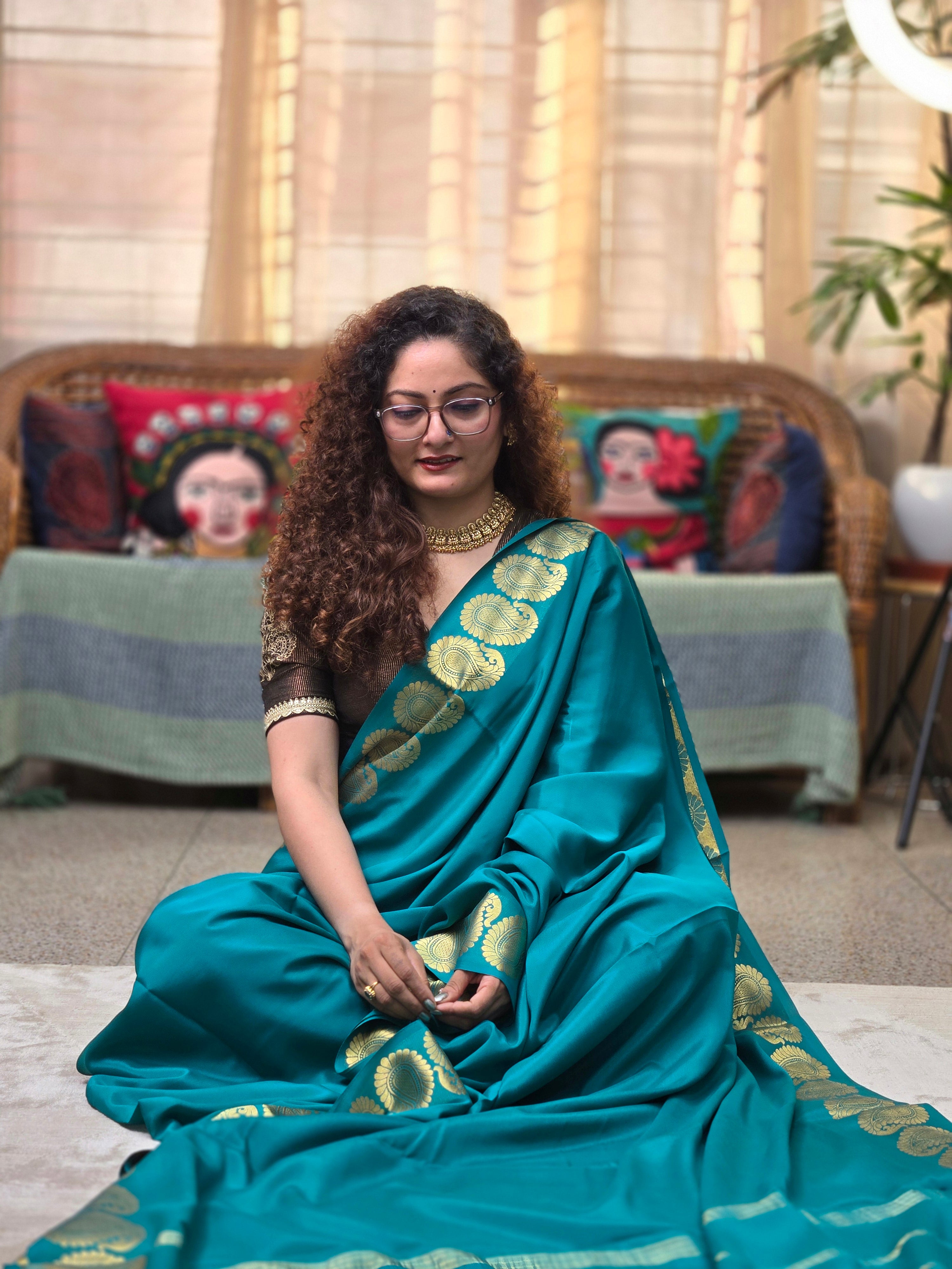 Rama Green Myosre Crepe Silk Saree – Tayet Sarees