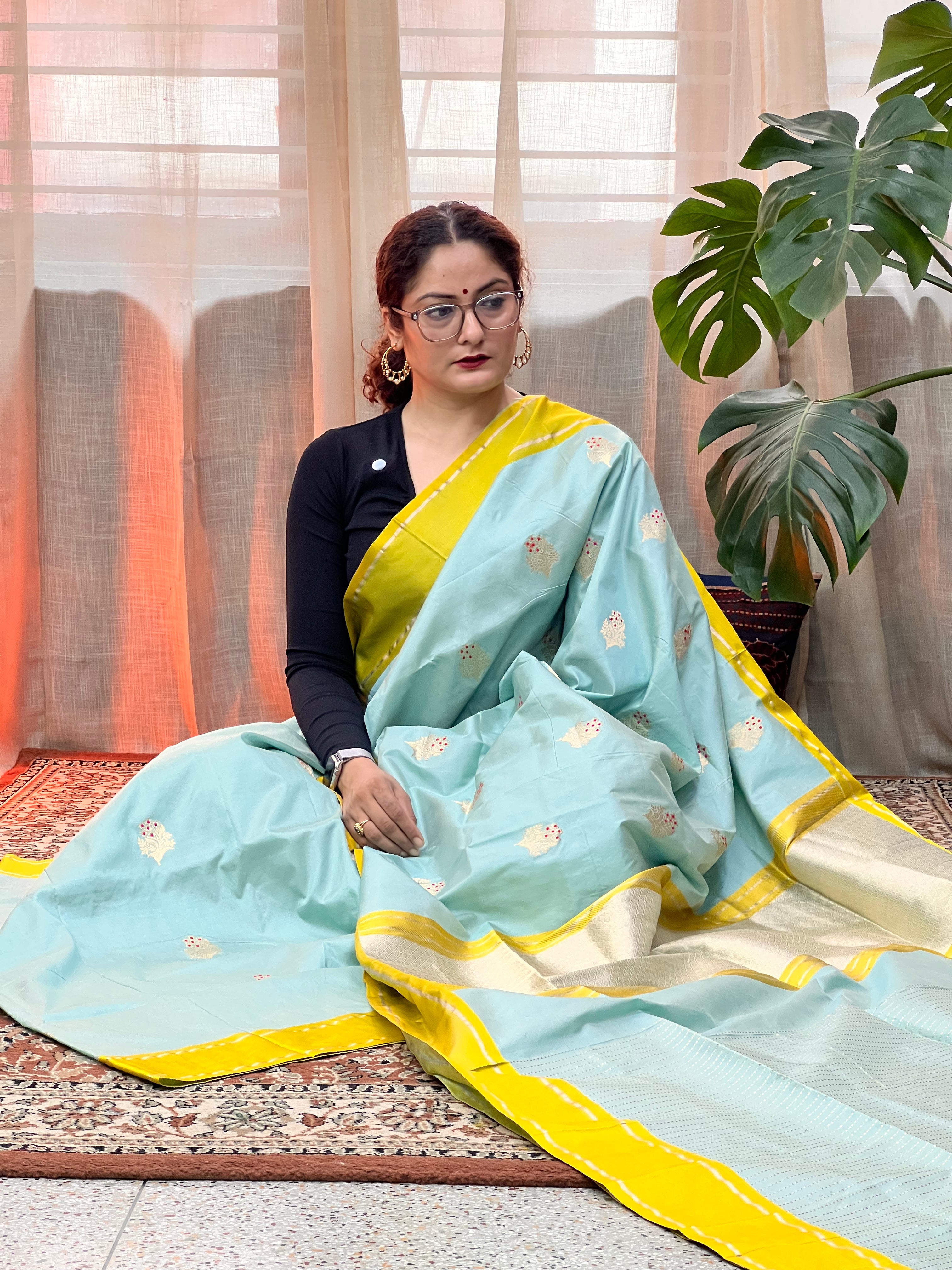 Aqua Blue Banarasi katan Silk Saree – Tayet Sarees