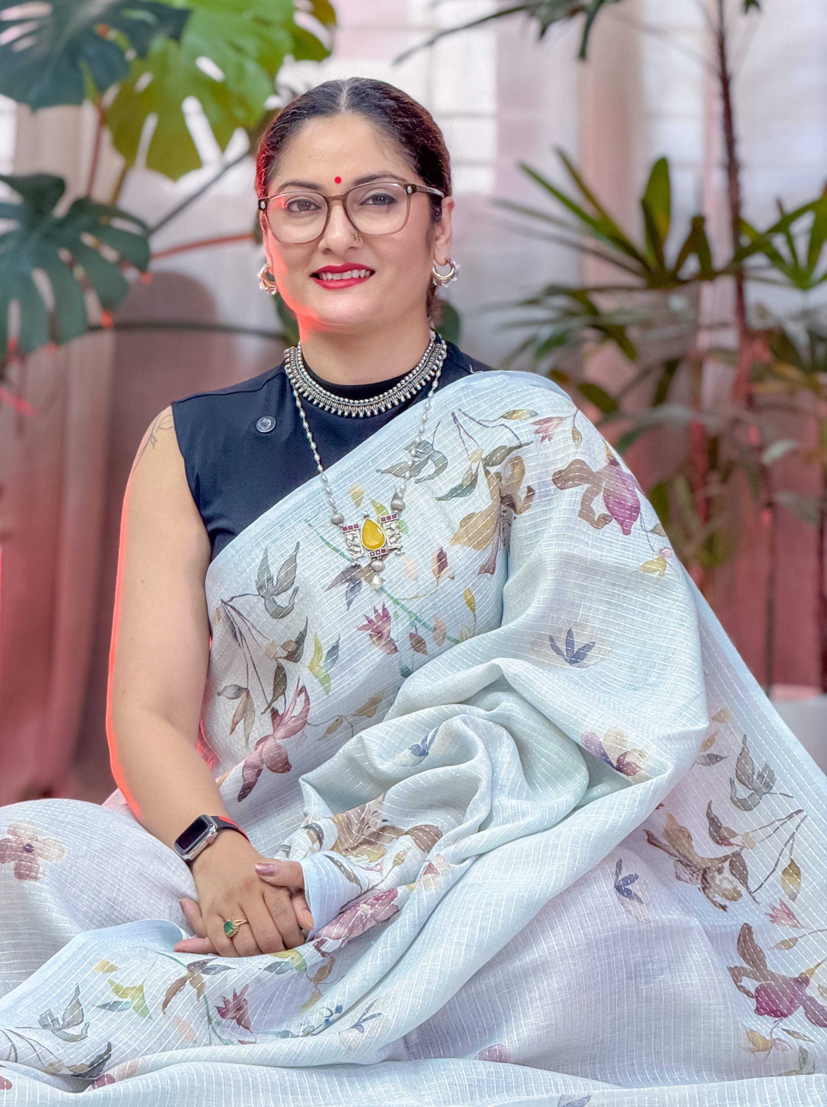 Blue Printed Linen Saree – Tayet Sarees