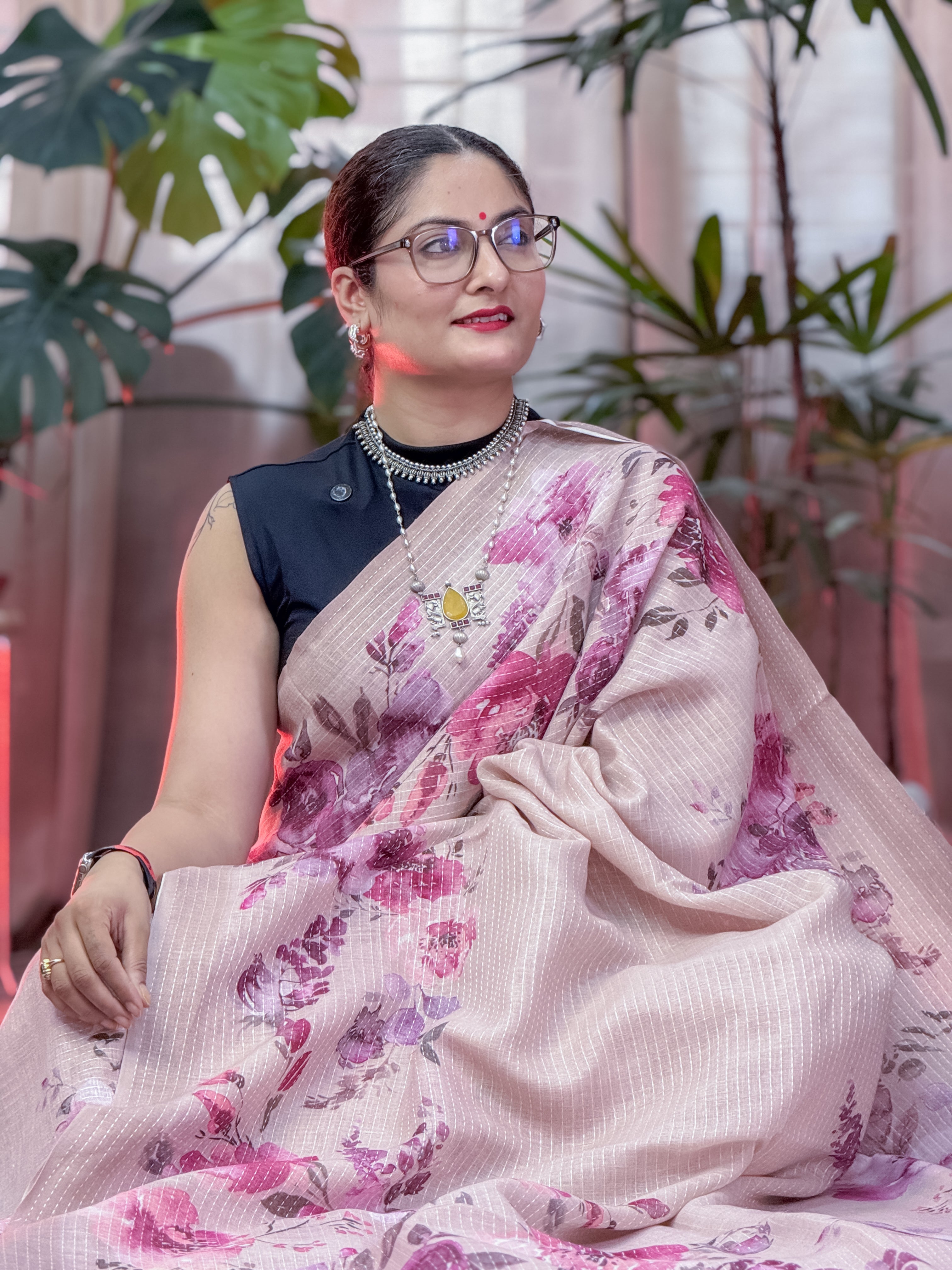 Pink Printed Linen Saree – Tayet Sarees
