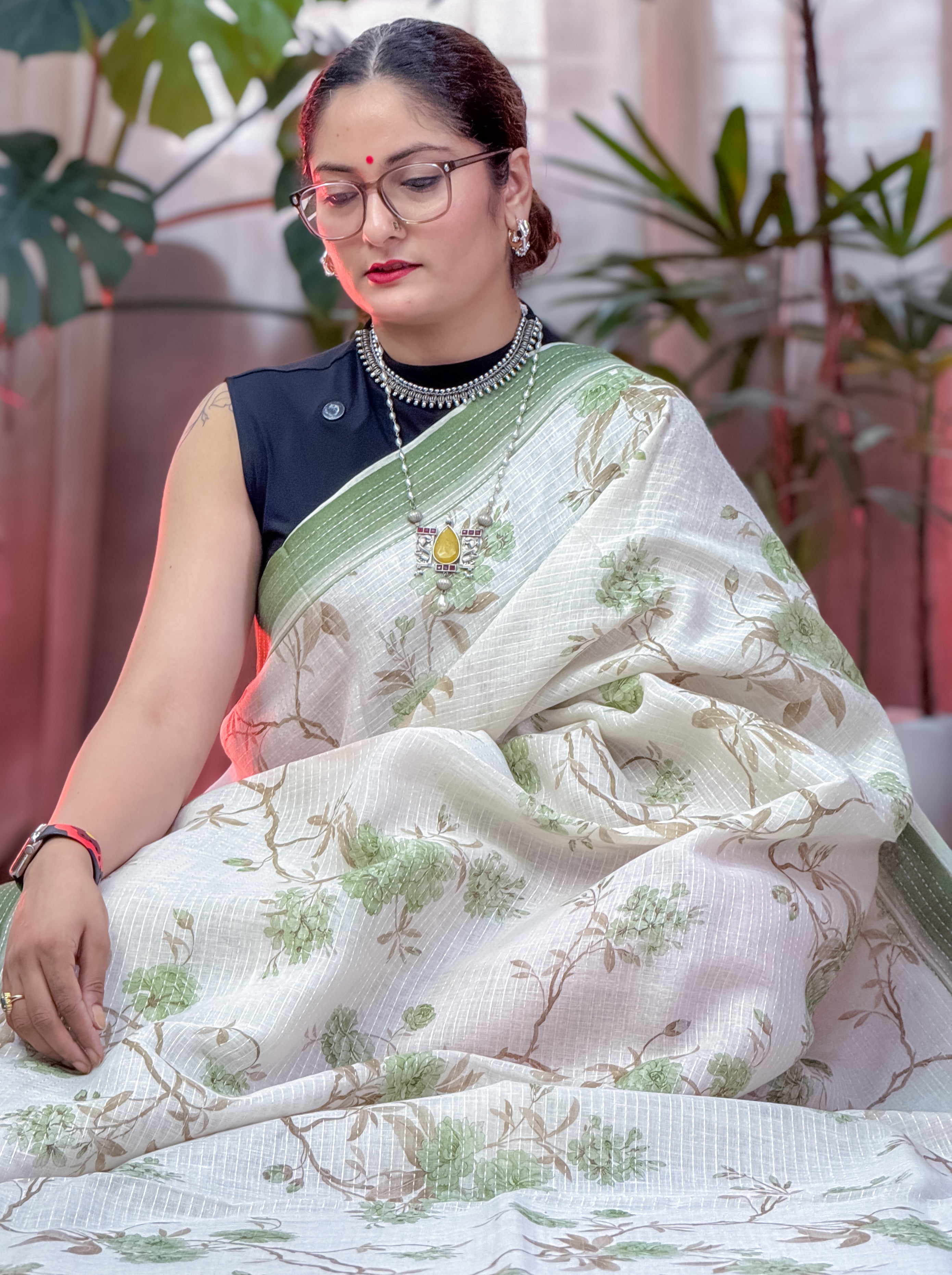 White Geen Printed Linen Saree – Tayet Sarees