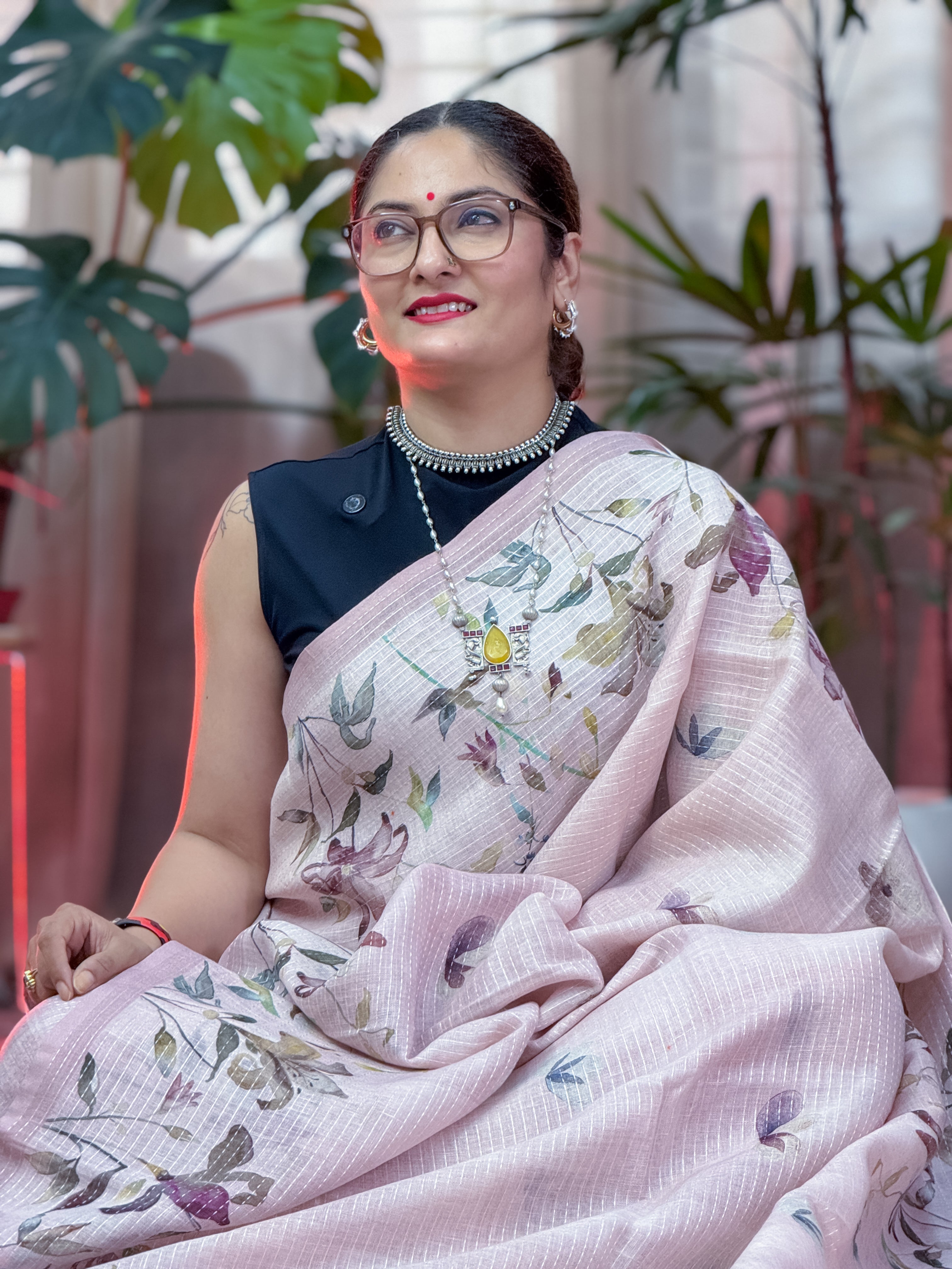 Pink Printed Linen Saree – Tayet Sarees