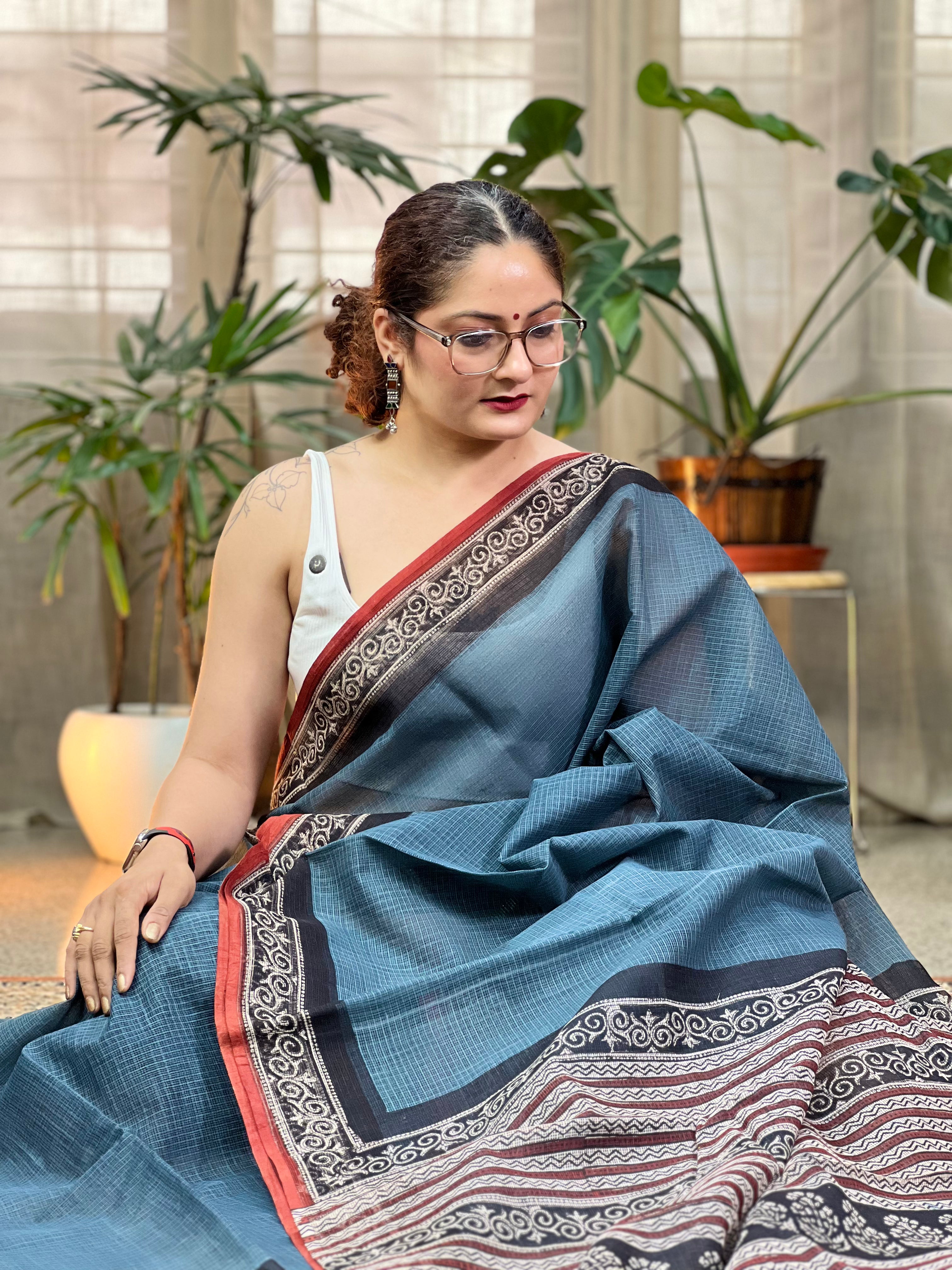 Blue Printed Kota Doria Saree – Tayet Sarees