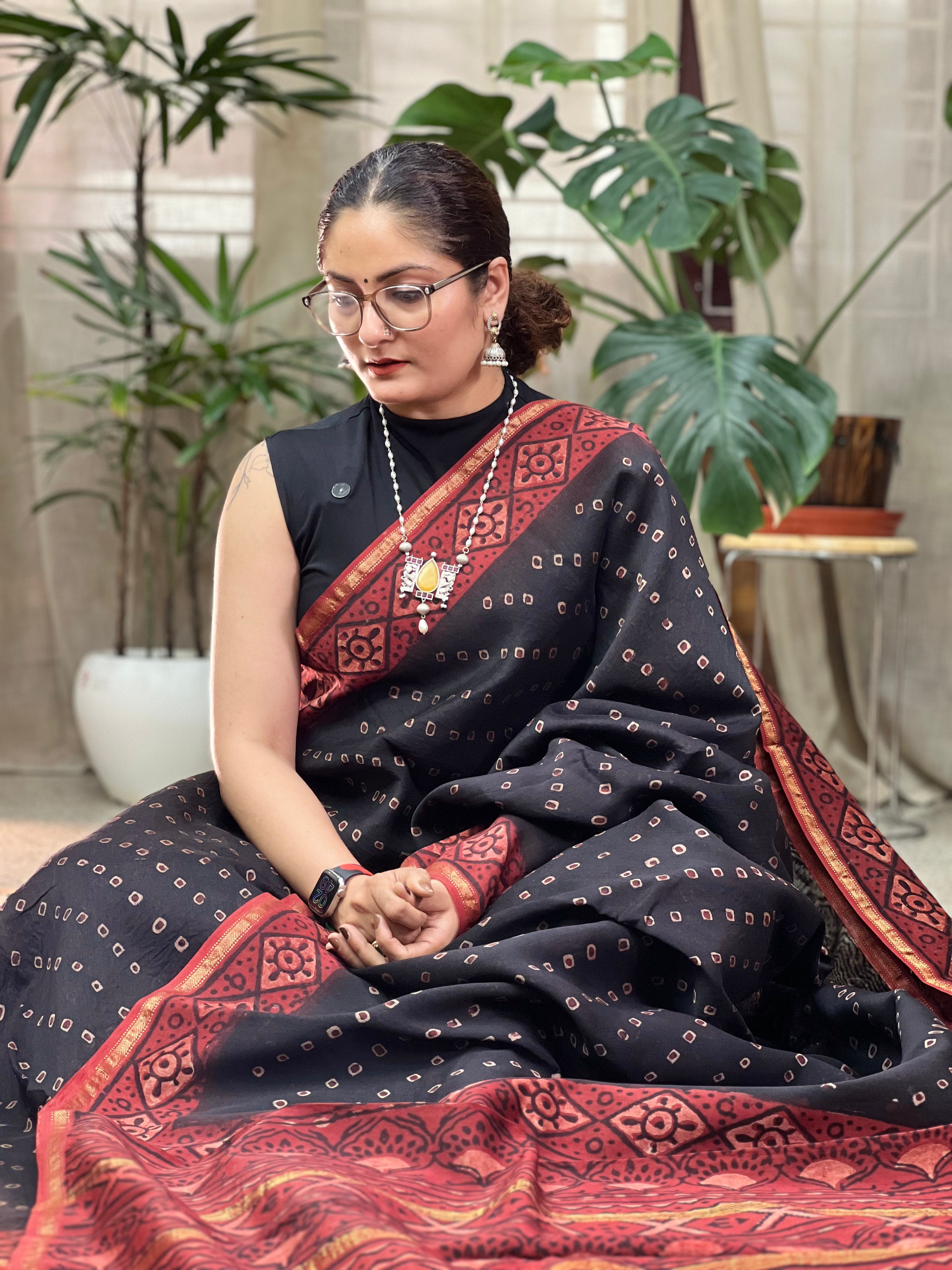 Black Printed Cotton Silk Saree – Tayet Sarees